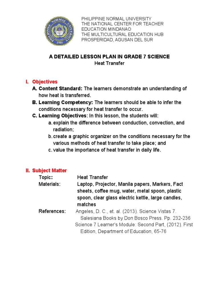 Heat Transfer Detailed Lesson Plan | PDF | Heat Transfer | Heat