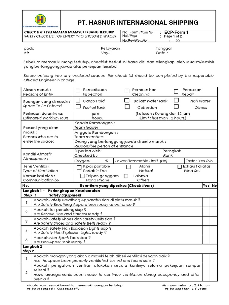 Ecp-Form 1-Checklist Memasuki Ruang Tertutup | PDF