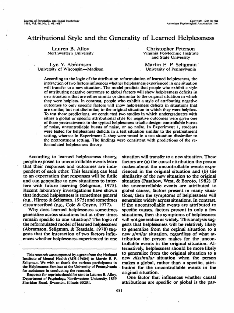 Attributional Style and The Generality of Learned Helplessness | PDF ...