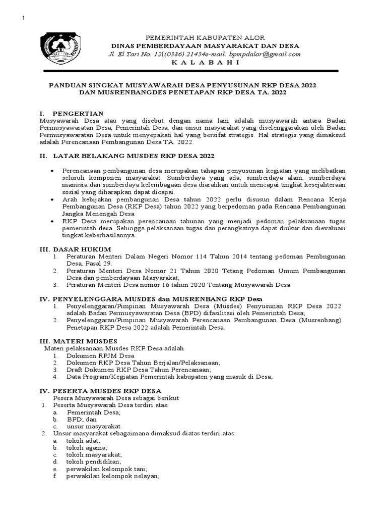 Panduan Singkat Musdes RKP Desa 2022 | PDF