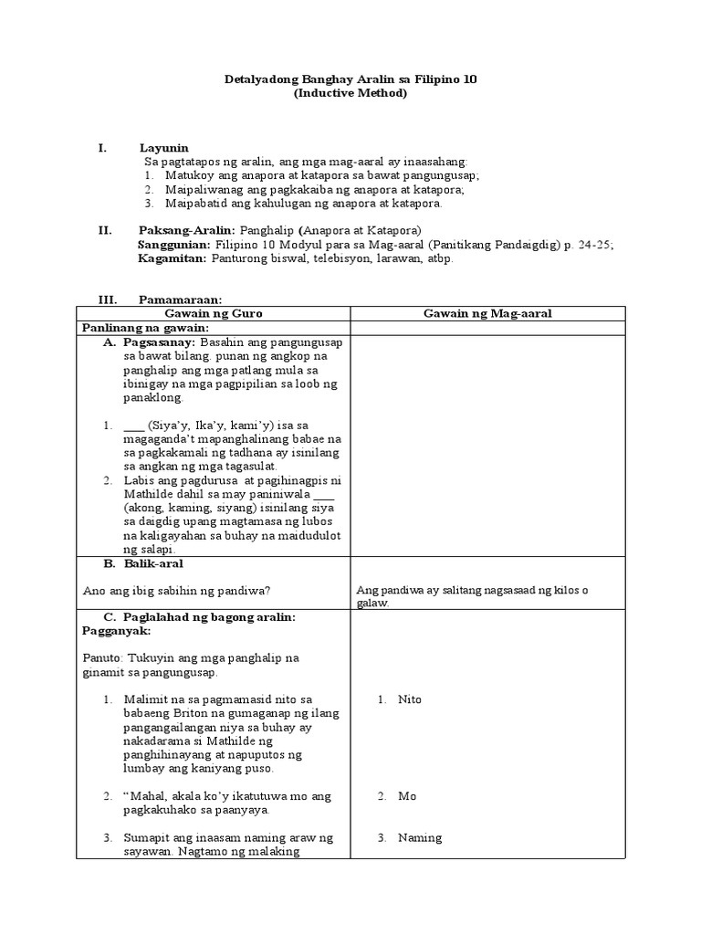 Inductive Lesson Plan (Filipino) | PDF