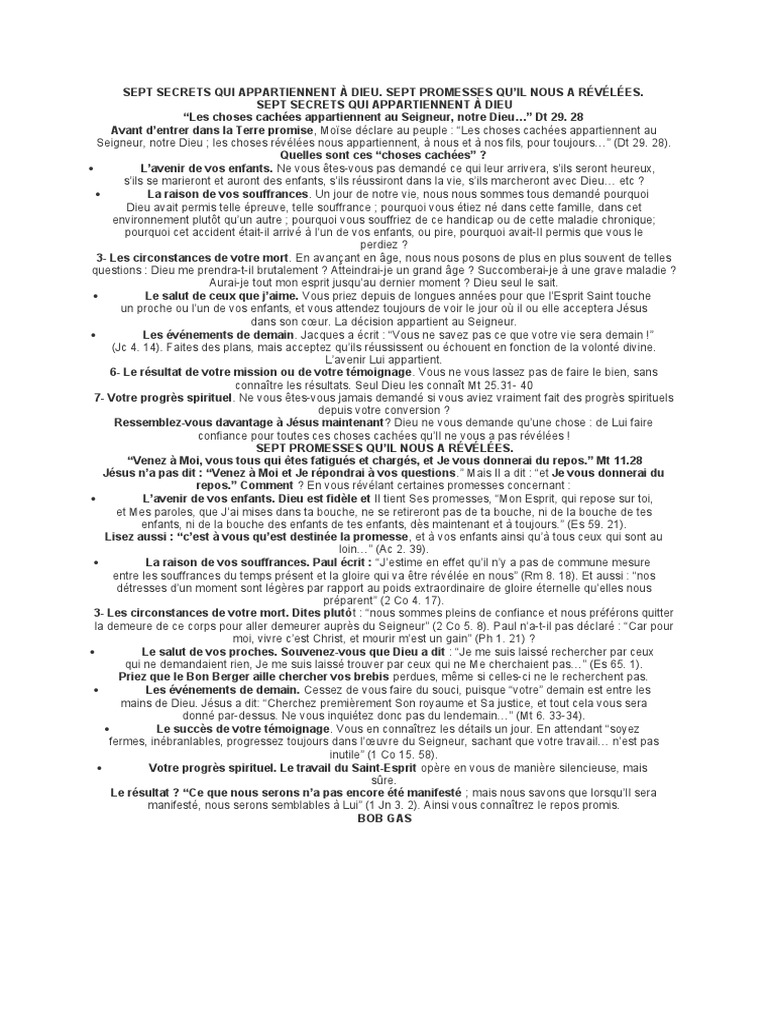 Sept Secrets Qui Appartiennent À Dieu. Sept Promesses Qu'il Nous A ...