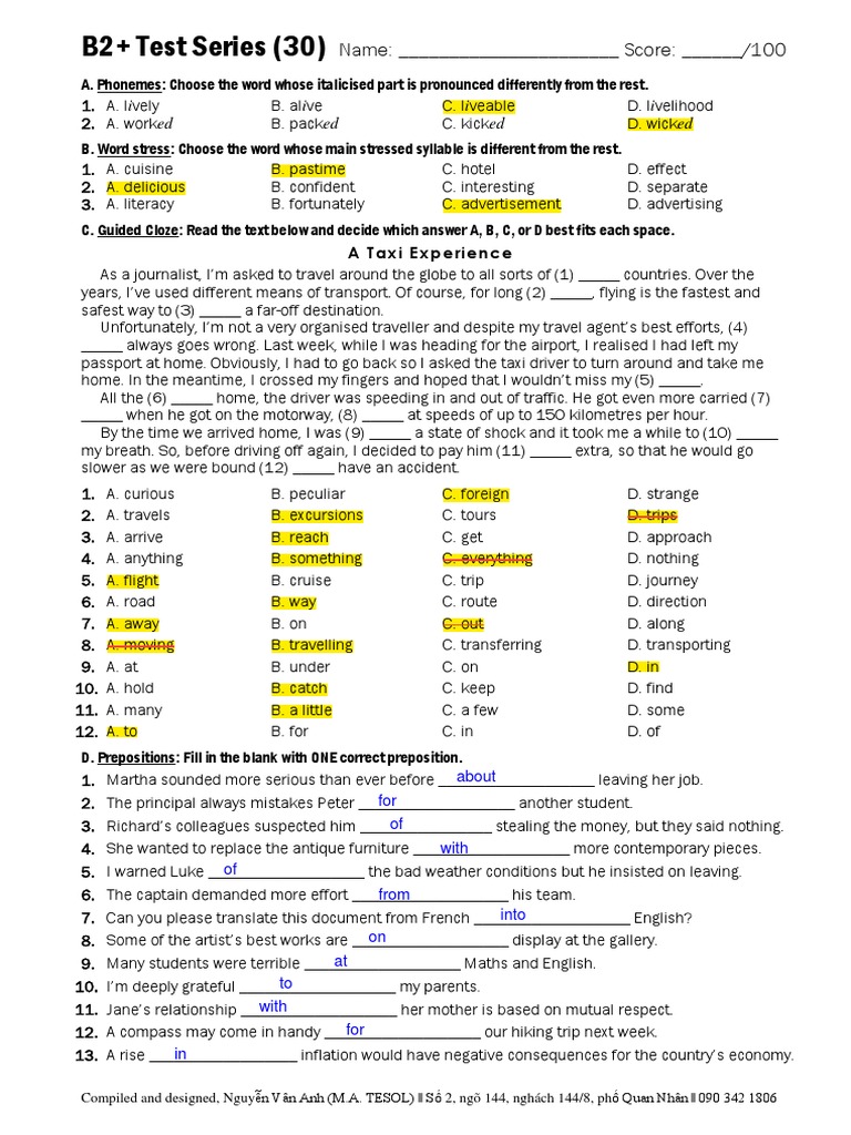 B2+ Test Series (30) : Name: - Score: - /100 | PDF | Olive