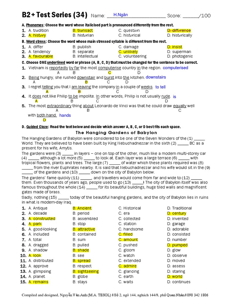 B2+ Test Series (34) : Name: - Score: - /100 | PDF | Babylon | Linguistics