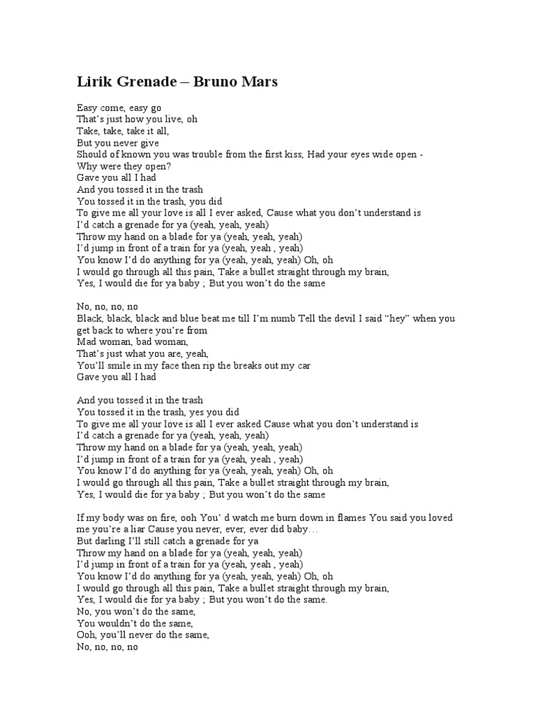 Lirik Grenade - Bruno Mars | PDF