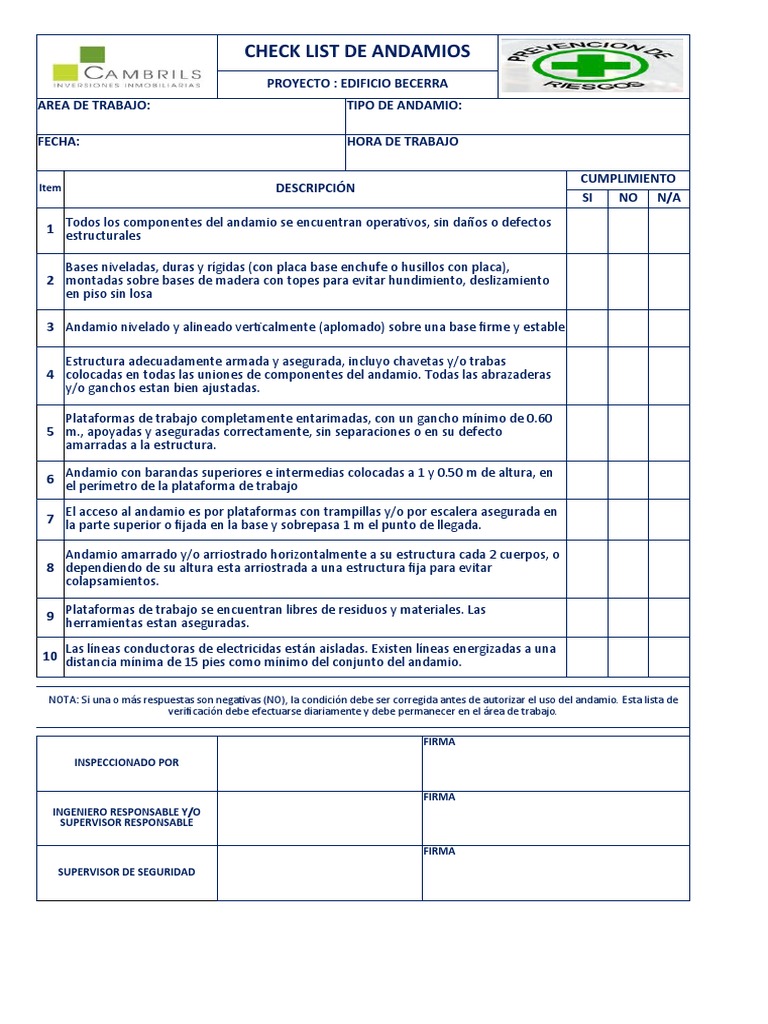 Formato de Check List de Andamios | PDF | Andamio