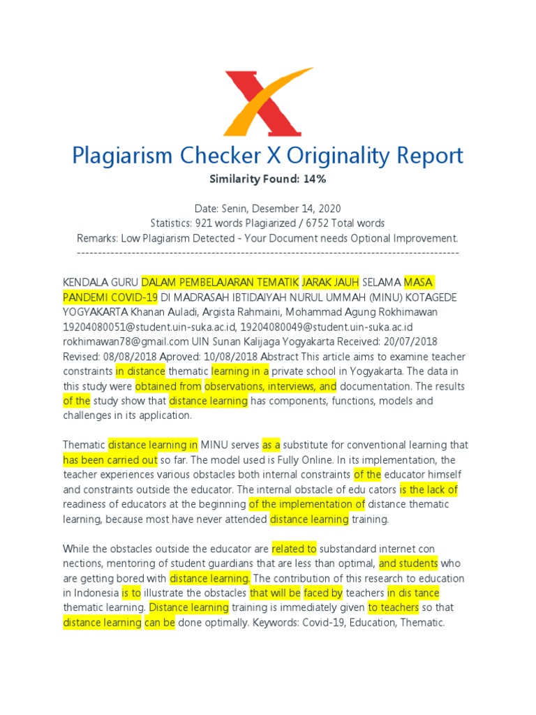 Plagiarism Checker X Originality Report: Similarity Found: 14% | PDF