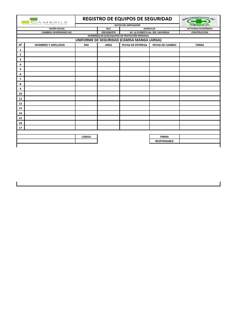 Formato De Entrega De Uniforme Camisa Manga Larga Pdf