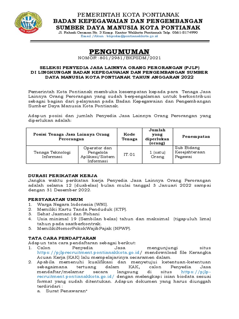 Rekrutmen PJLP Pontianak 2022 | PDF | Bisnis