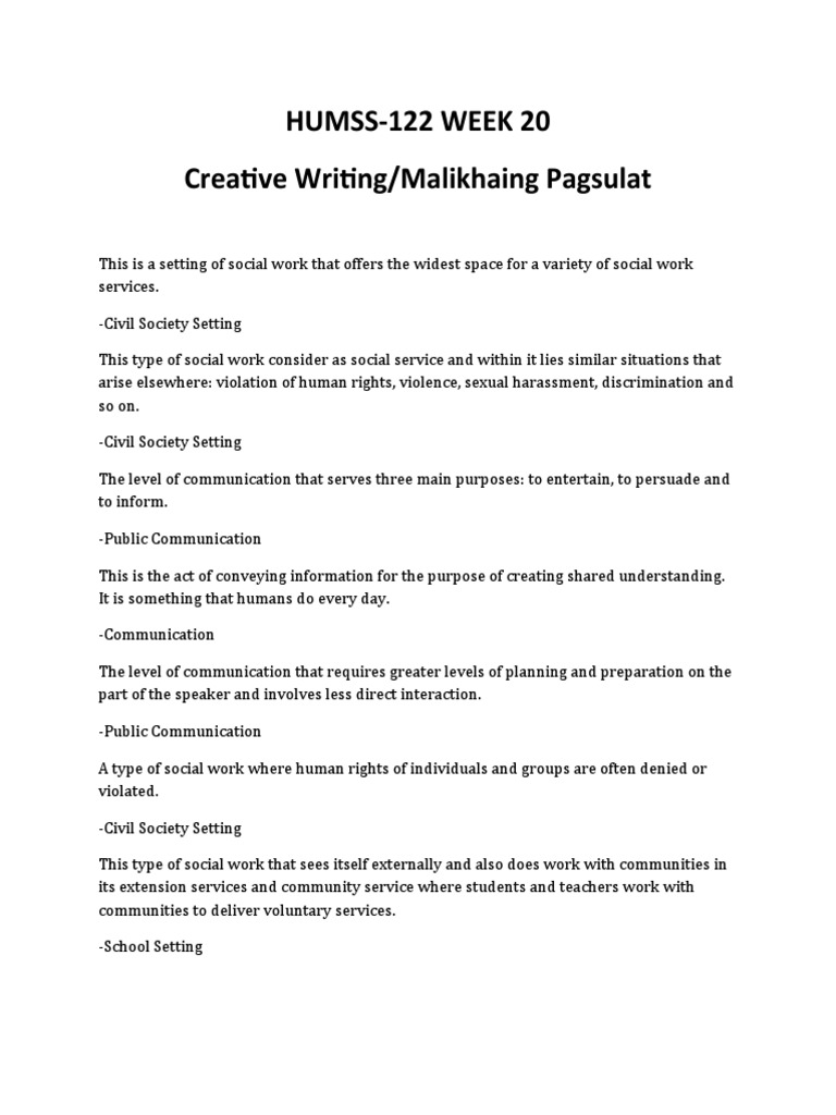 HUMSS-122 WEEK 20 Creative Writing/Malikhaing Pagsulat | PDF | Communication | Social Work
