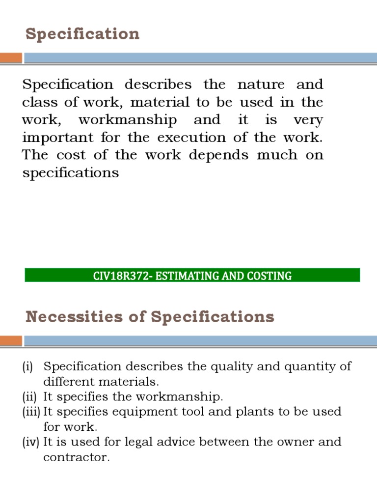 Specification: Civ18R372-Estimating and Costing | PDF | Specification ...