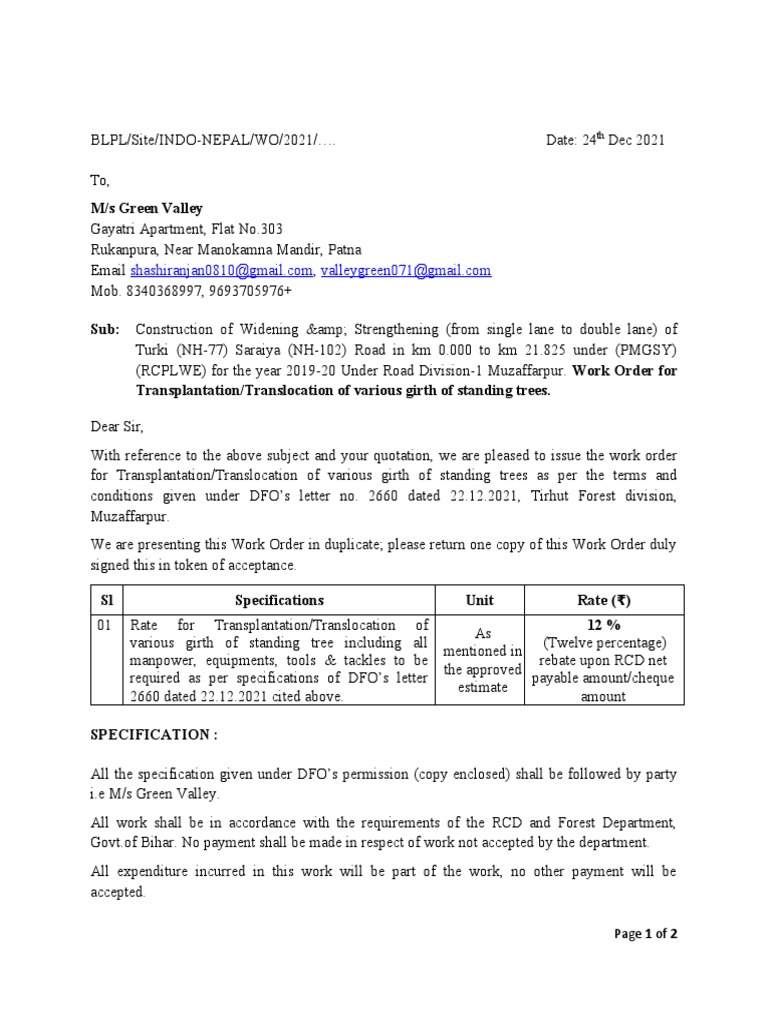 Draft Work Order For Tree Shifting | PDF | Taxes | Government