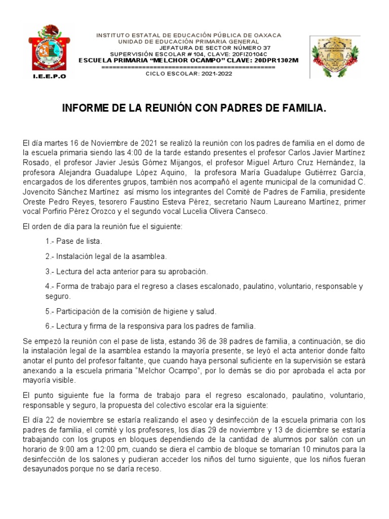 Informe de La Reunión Con Padres de Familia | PDF | Lavado de manos ...