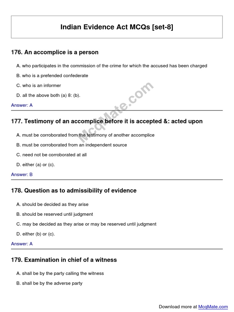Indian Evidence Act Solved MCQs (Set-8) | PDF | Witness | Cross Examination
