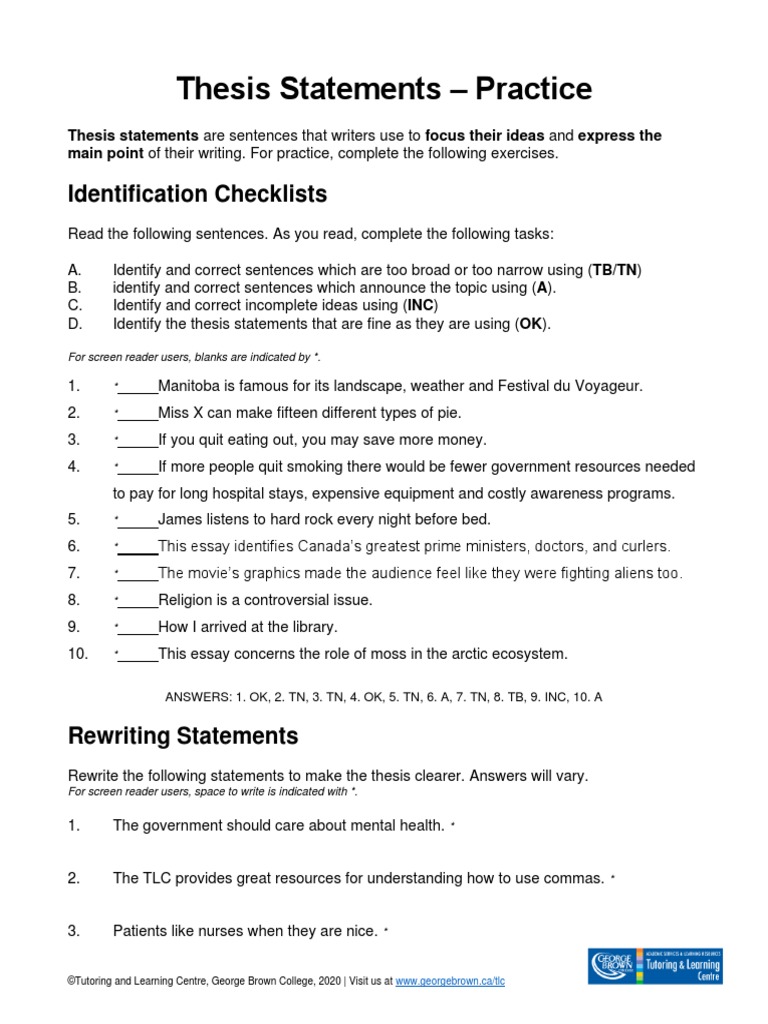 Thesis Statements - Practice | PDF | Thesis