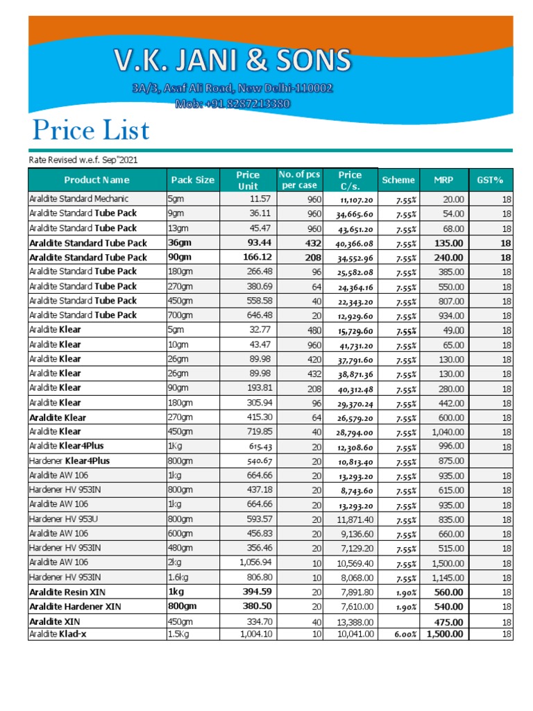 Price List: Product Name Pack Size Price Unit Price C/s | PDF ...
