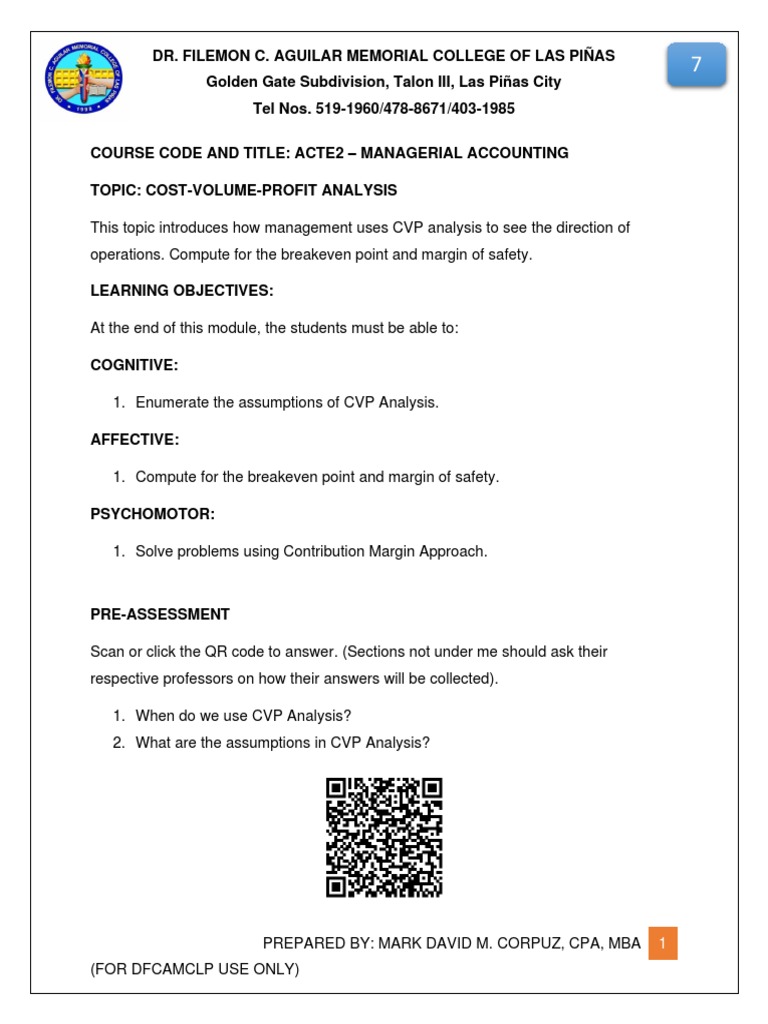 Module 7 CVP Analysis | PDF | Financial Accounting | Management Accounting