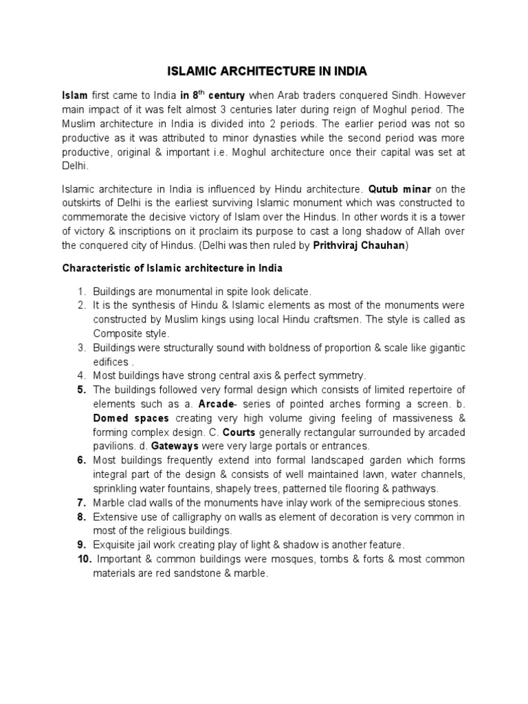 Characteristics of Islamic Architecture in India | PDF | Dome | Mosque