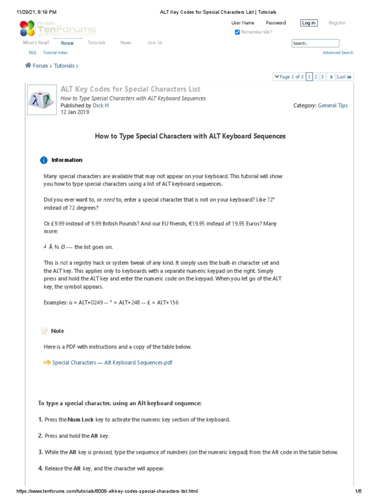 ALT Key Codes For Special Characters List - Tutorials | PDF | Personal ...