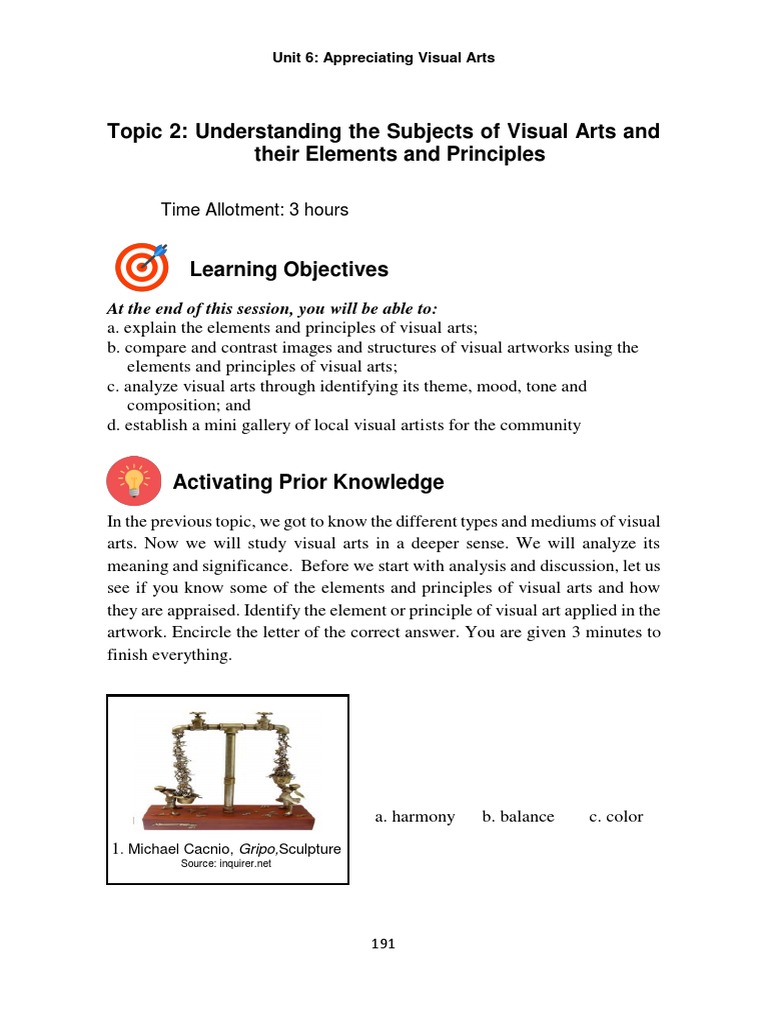 UNIT6. Topic 2 Understanding The Subjects of Visual Arts and Their Elements and Principles | PDF ...