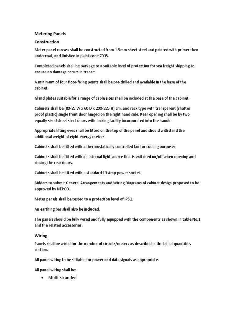 Metering Panel Specifications | PDF | Electrical Wiring | Transformer