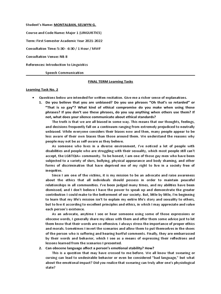 Learning Task No. 2 | Download Free PDF | Profanity | Emotions