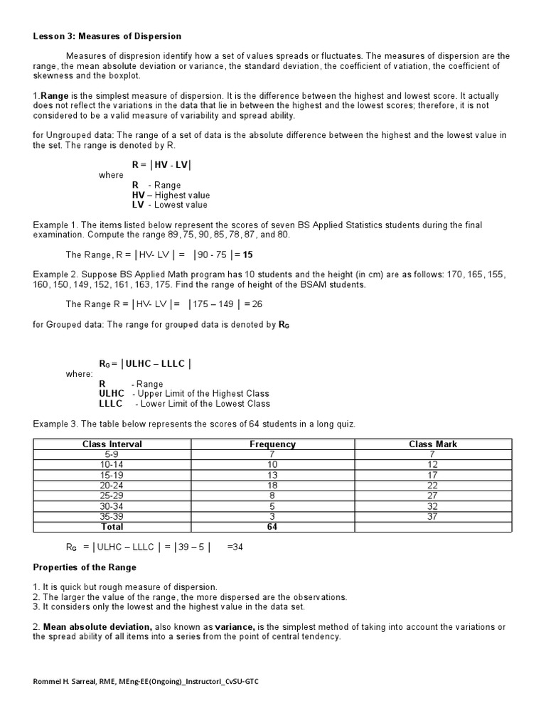Chapter 4 Data Managmnt Lesson 3 Measures of Dispersion | PDF ...