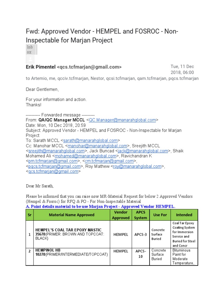 FWD: Approved Vendor - HEMPEL and FOSROC - Non-Inspectable For Marjan ...