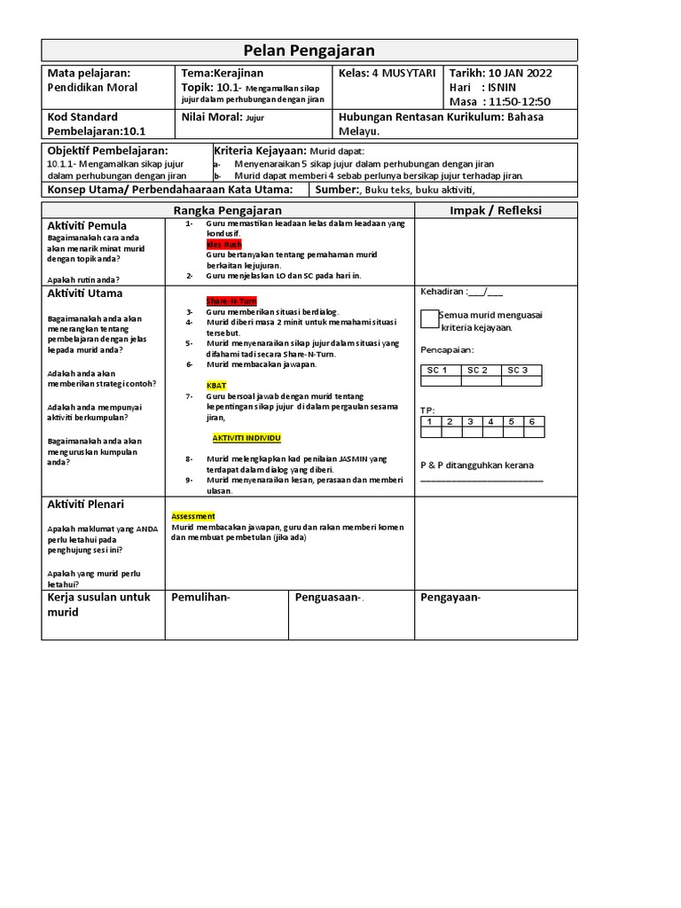 RPH Moral Tahun 4 Jujur 2022 | PDF
