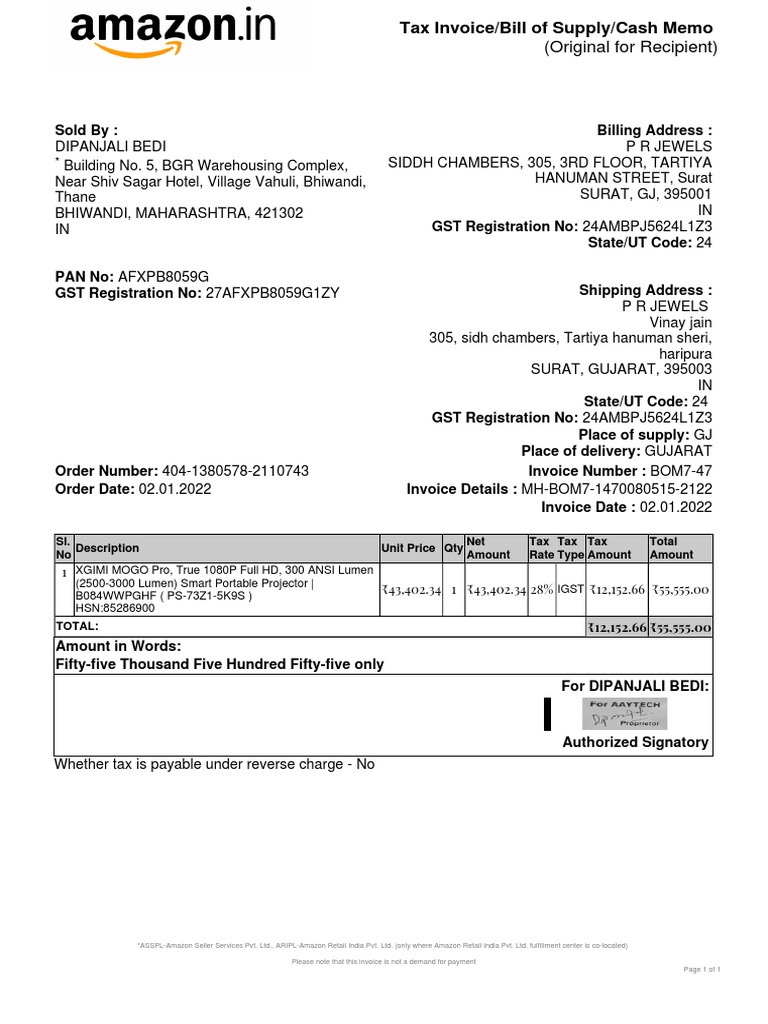 Tax Invoice for the Sale of One XGIMI MOGO Pro True 1080P Full HD 300 ...