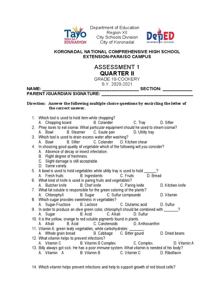 Assessment Tle Grade 10 Cookery Q2 | PDF | Vegetables | Vitamin