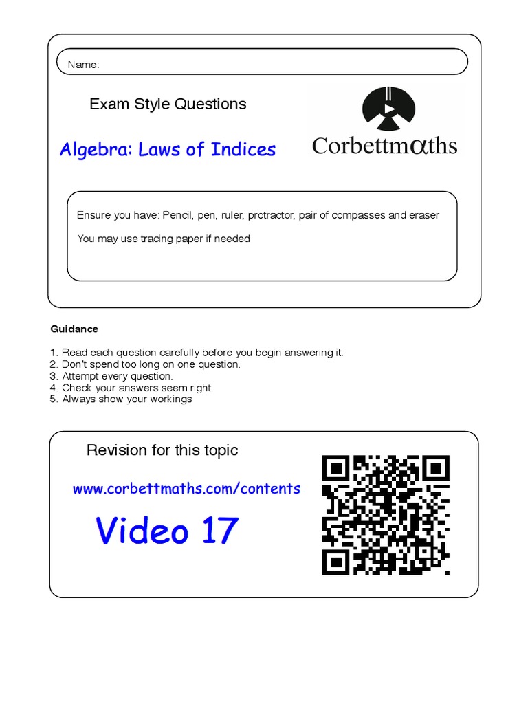 Laws of Indices Practice Questions | PDF