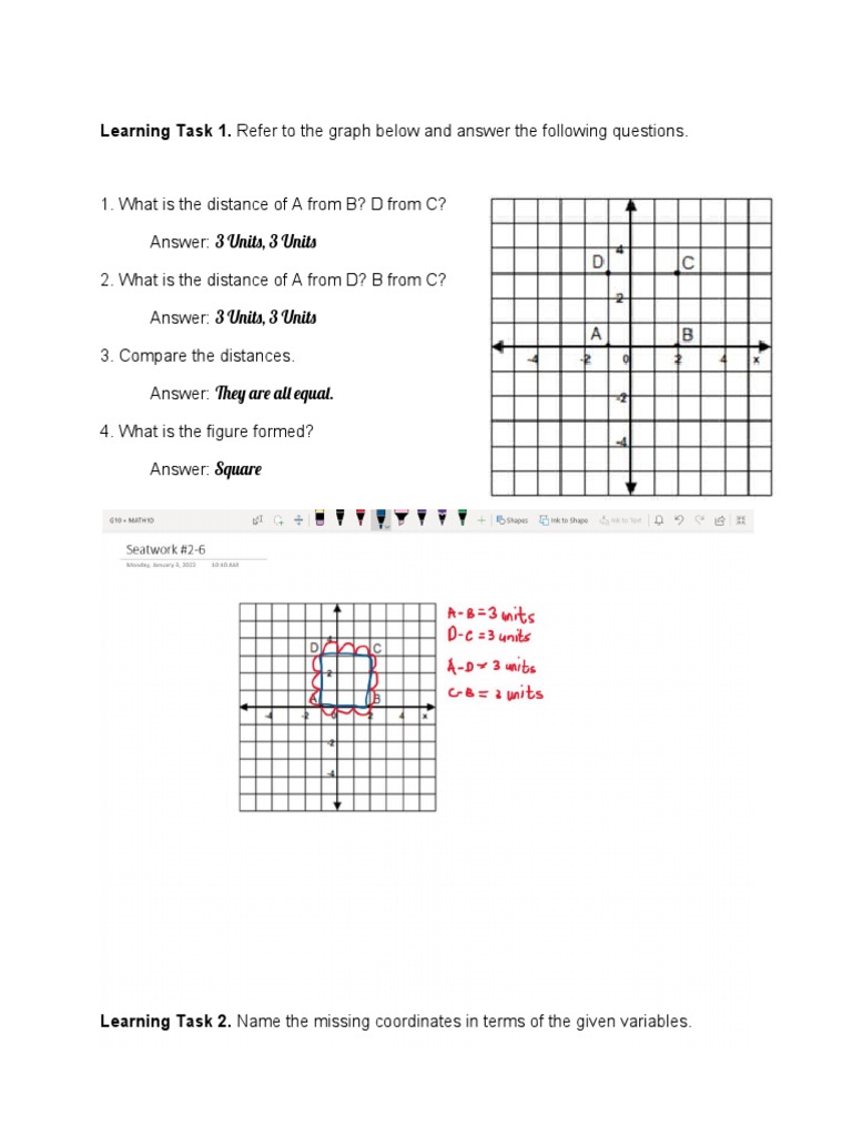 Plane Coordinate Geometry Distance - Seatwork | PDF