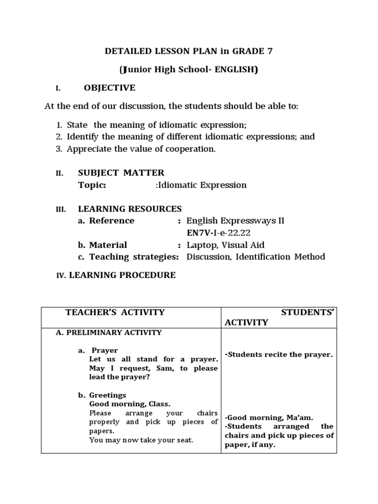 Grade 7 Lesson Plan on Idiomatic Expressions | PDF | Idiom | Lesson Plan