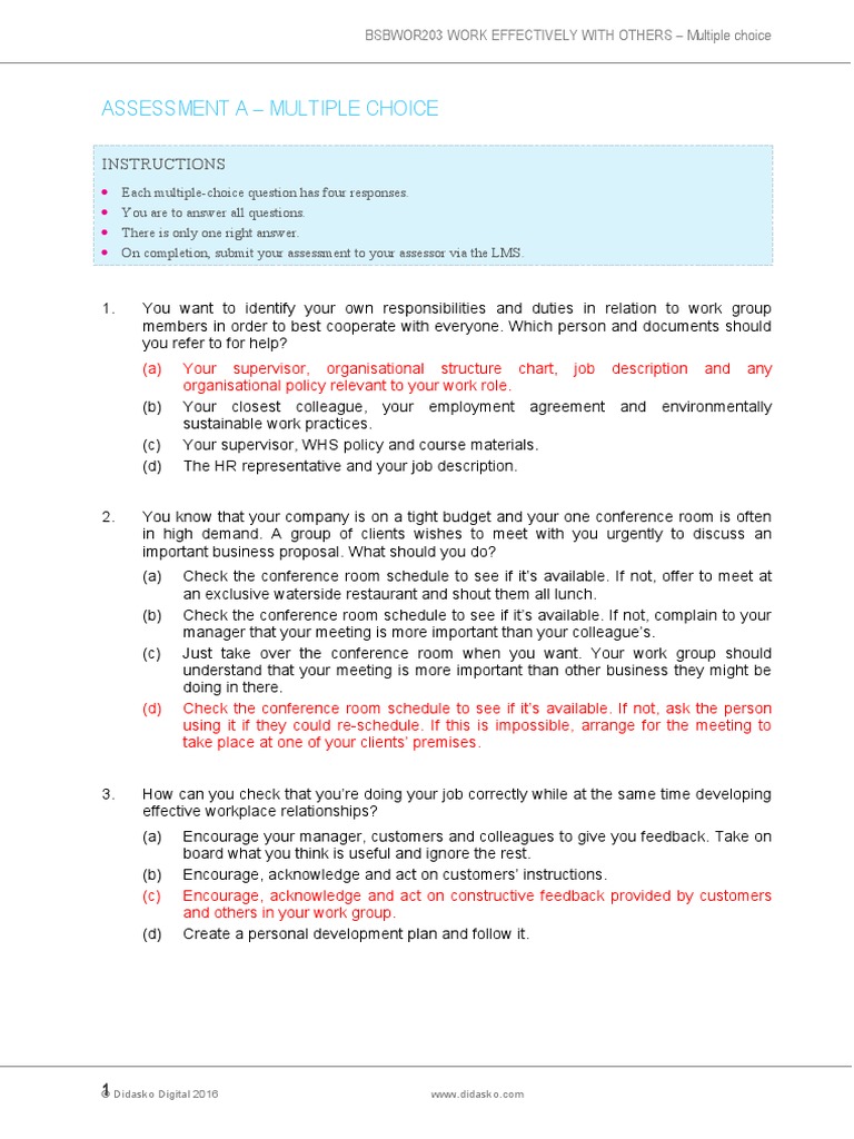 Assessment A - Multiple Choice: Instructions | PDF | Multiple Choice ...