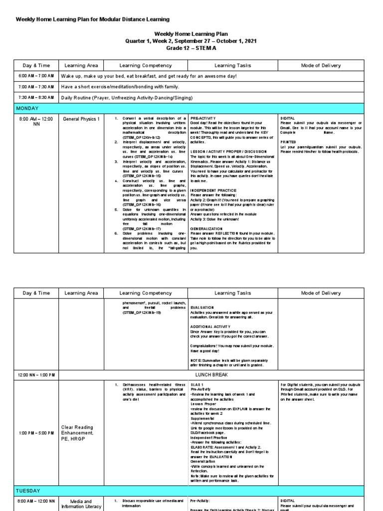 Weekly Home Learning Plan For Modular Distance Learning Weekly Home ...