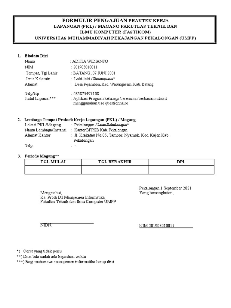 Form Pengajuan PKL - Magang | PDF