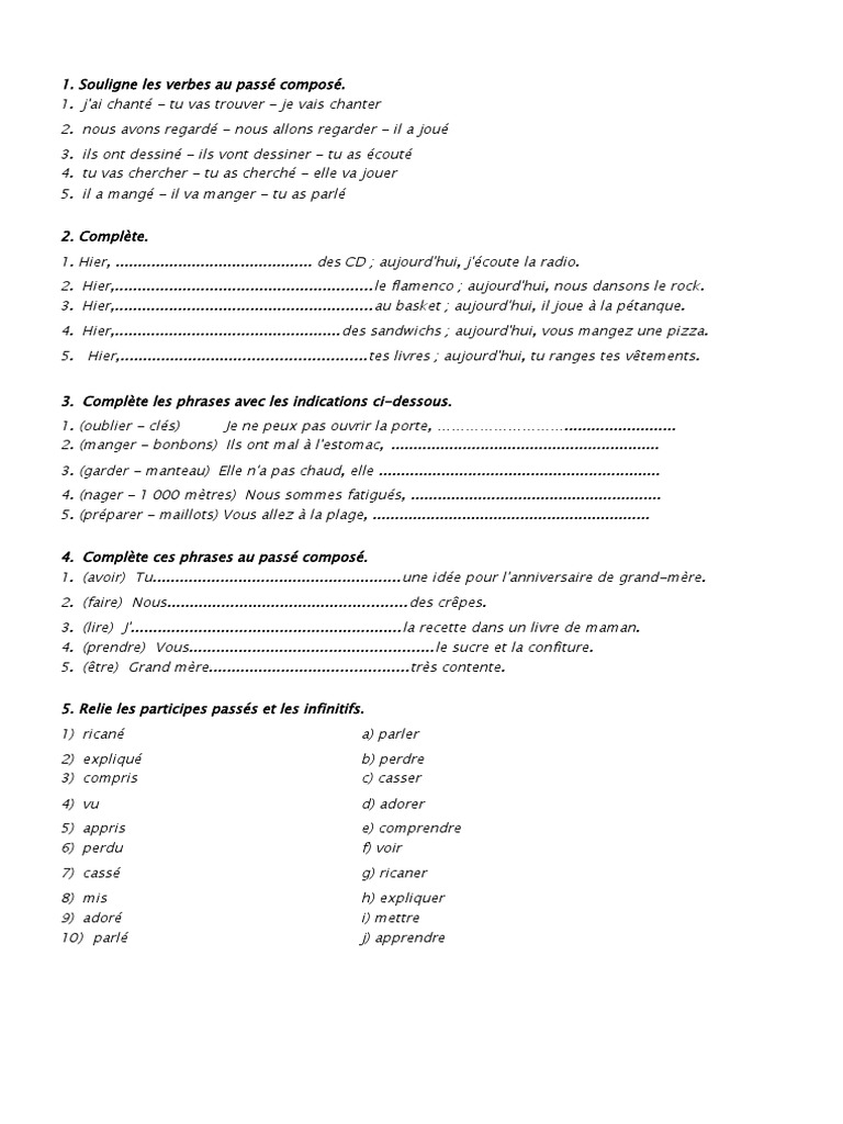 Exercices sur le passé composé | PDF | Arts du langage et discipline ...