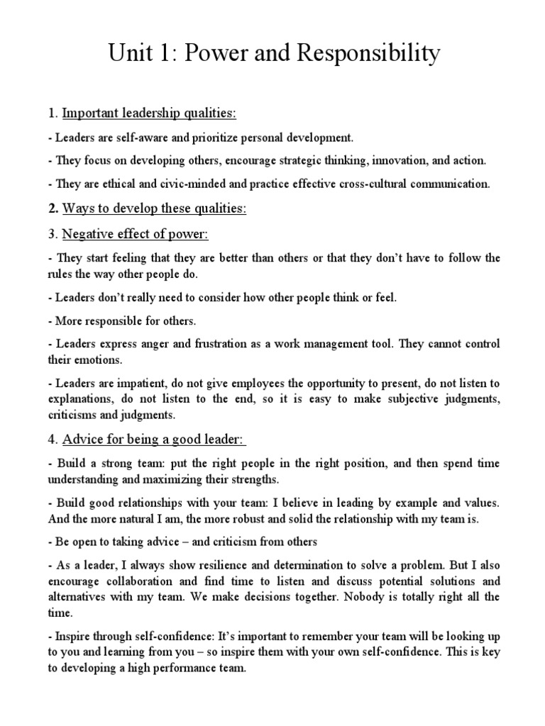 Unit 1: Power and Responsibility: 1. Important Leadership Qualities ...