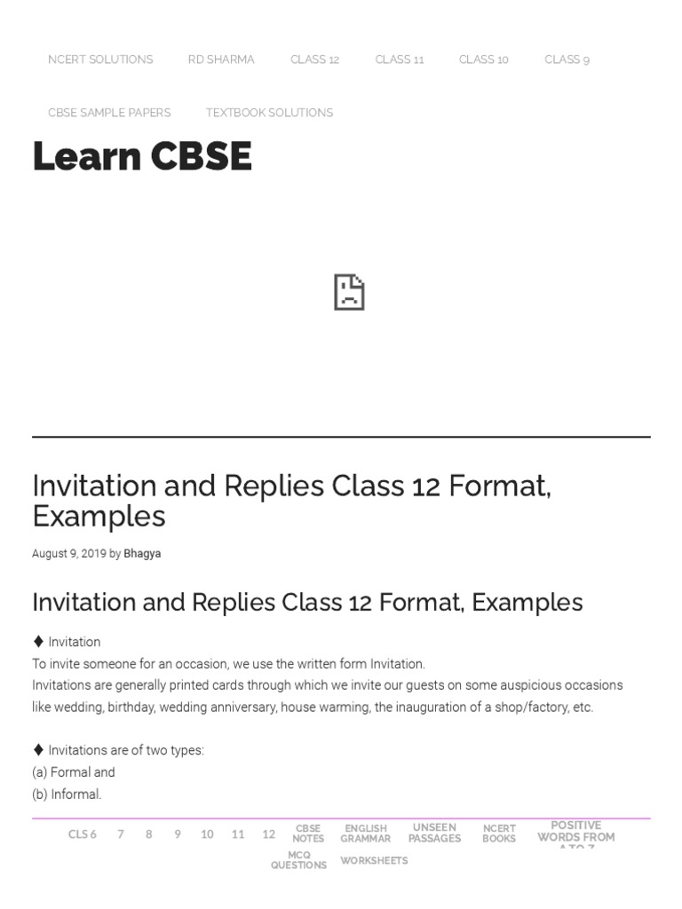 Invitation and Replies Class 12 Format, Examples - Learn CBSE | PDF