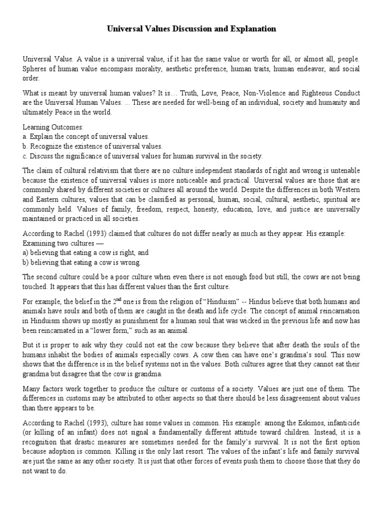 Universal Values Discussion and Explanation | PDF | Value (Ethics) | Morality