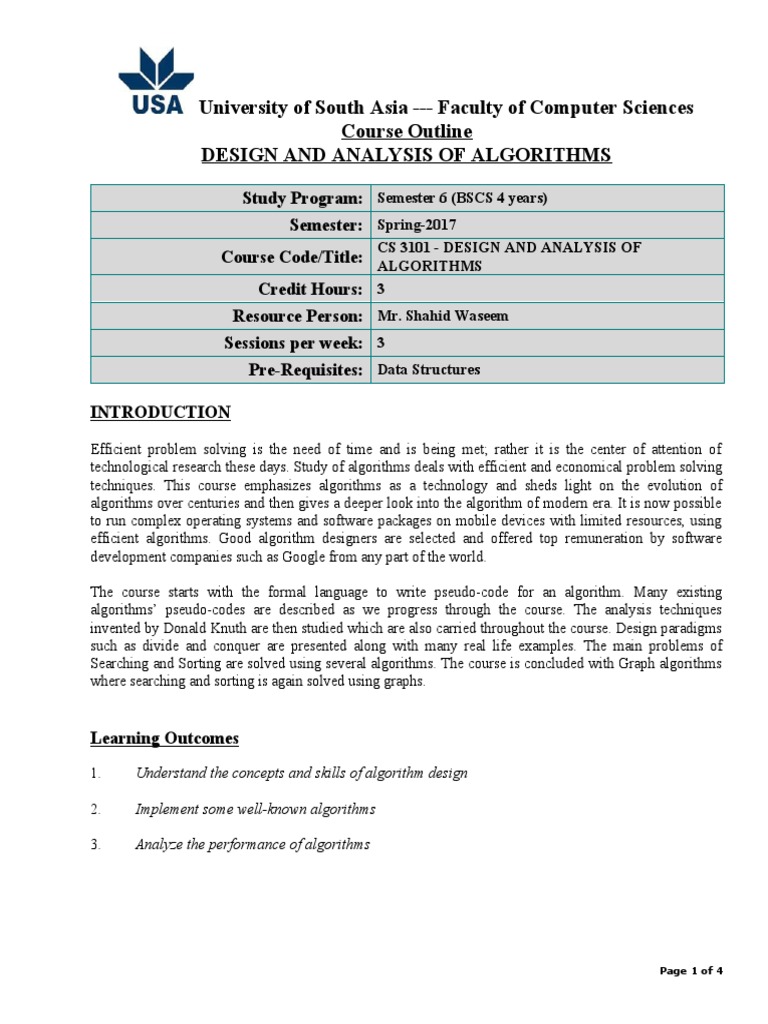 DESIGN AND ANALYSIS OF ALGORITHMS COURSE OUTLINE | PDF | Algorithms ...