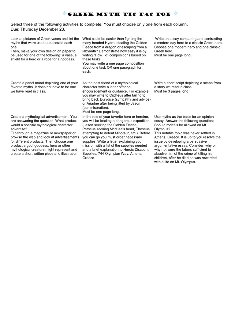 Greek Myth Tic Tac Toe | PDF | Greek Mythology | Hero