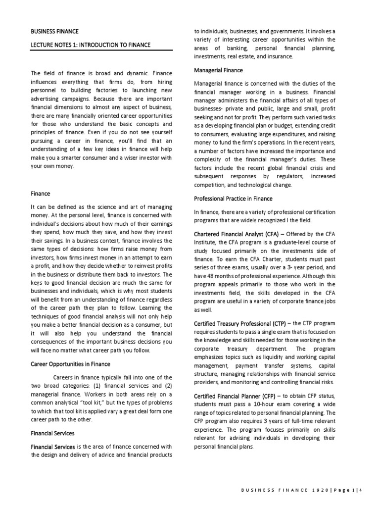 Lecture Notes 1 Introduction To Finance | PDF | Stocks | Financial Markets