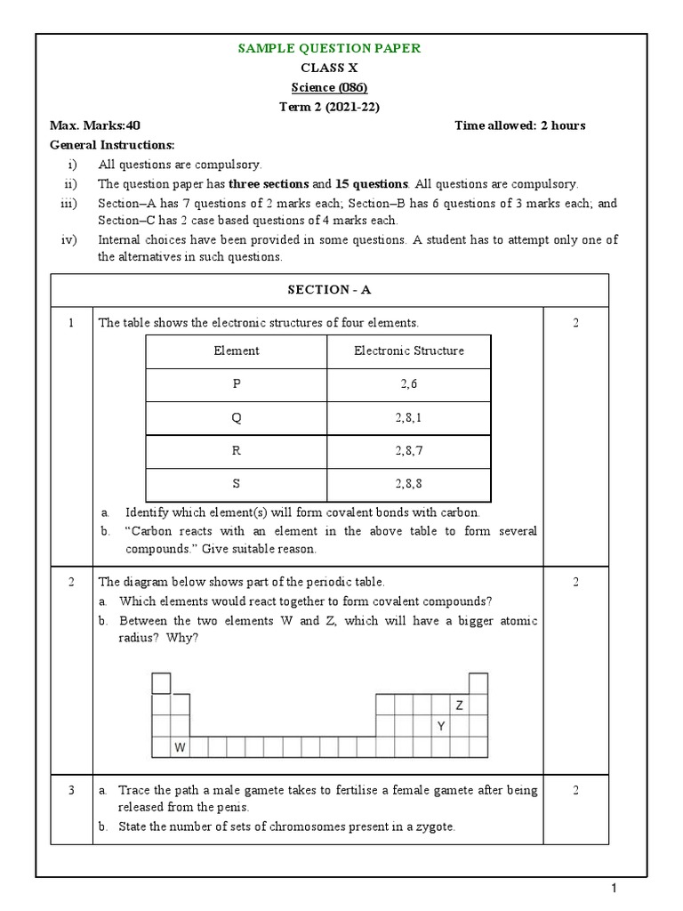 Class X Science (086) Term 2 (2021-22) Max. Marks:40 Time Allowed: 2 ...