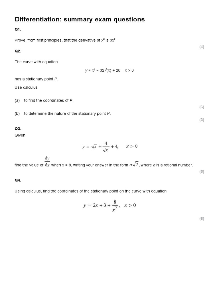 Differentiation Summary Exam Questions | PDF | Derivative | Equations