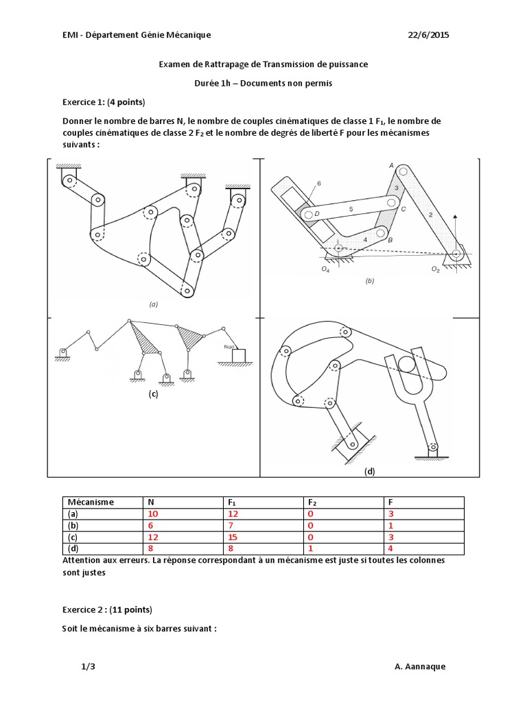 Examen Theorie Des Mécanismes 2016 (Solution) | PDF | Ingénierie mécanique | Mécanique