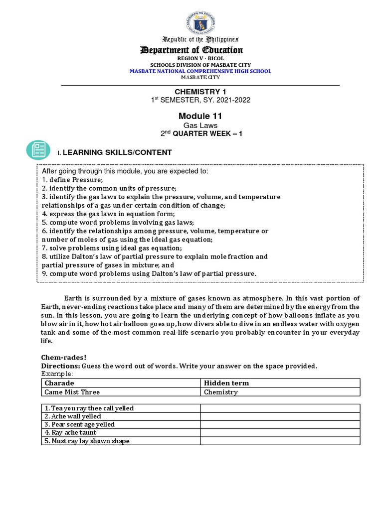 Grade 11 Gas Laws Module | PDF | Gases | Pascal (Unit)