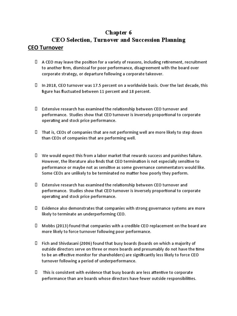 CEO Selection, Turnover and Succession Planning CEO Turnover | PDF ...