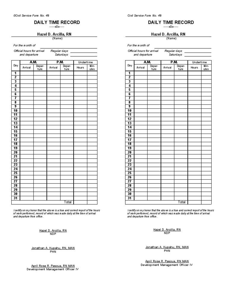 Daily Time Record Daily Time Record: Hazel D. Arcilla, RN Hazel D ...